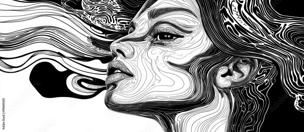 Black and white psychedelic line art featuring an abstract female ...