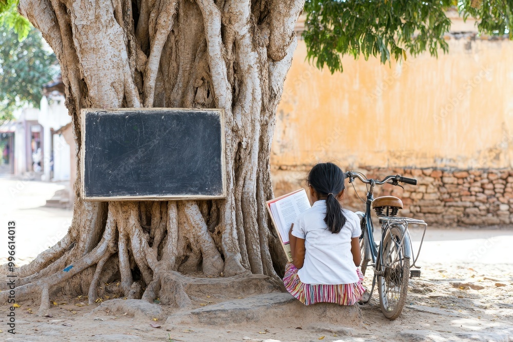 Young Girl Reading Under Banyan Tree in Village Setting Stock Photo ...