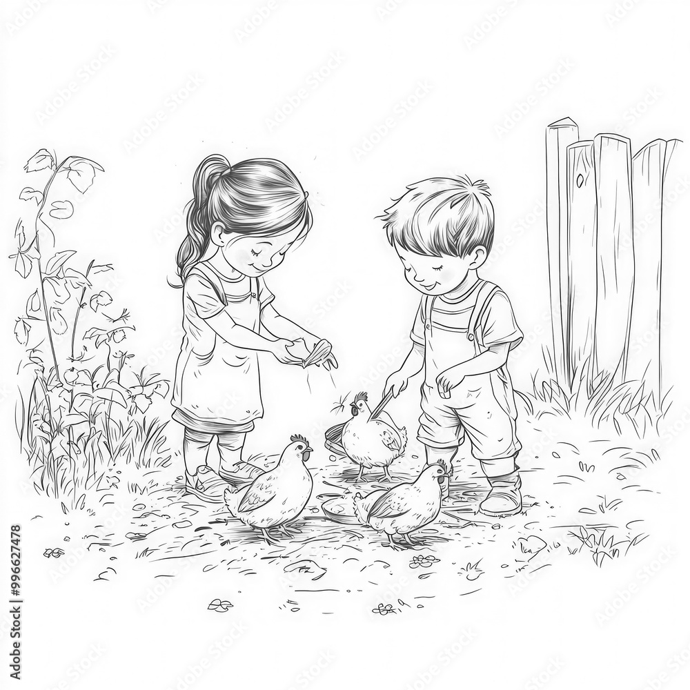 A farm scene with children feeding chickens, coloring page for kids ...