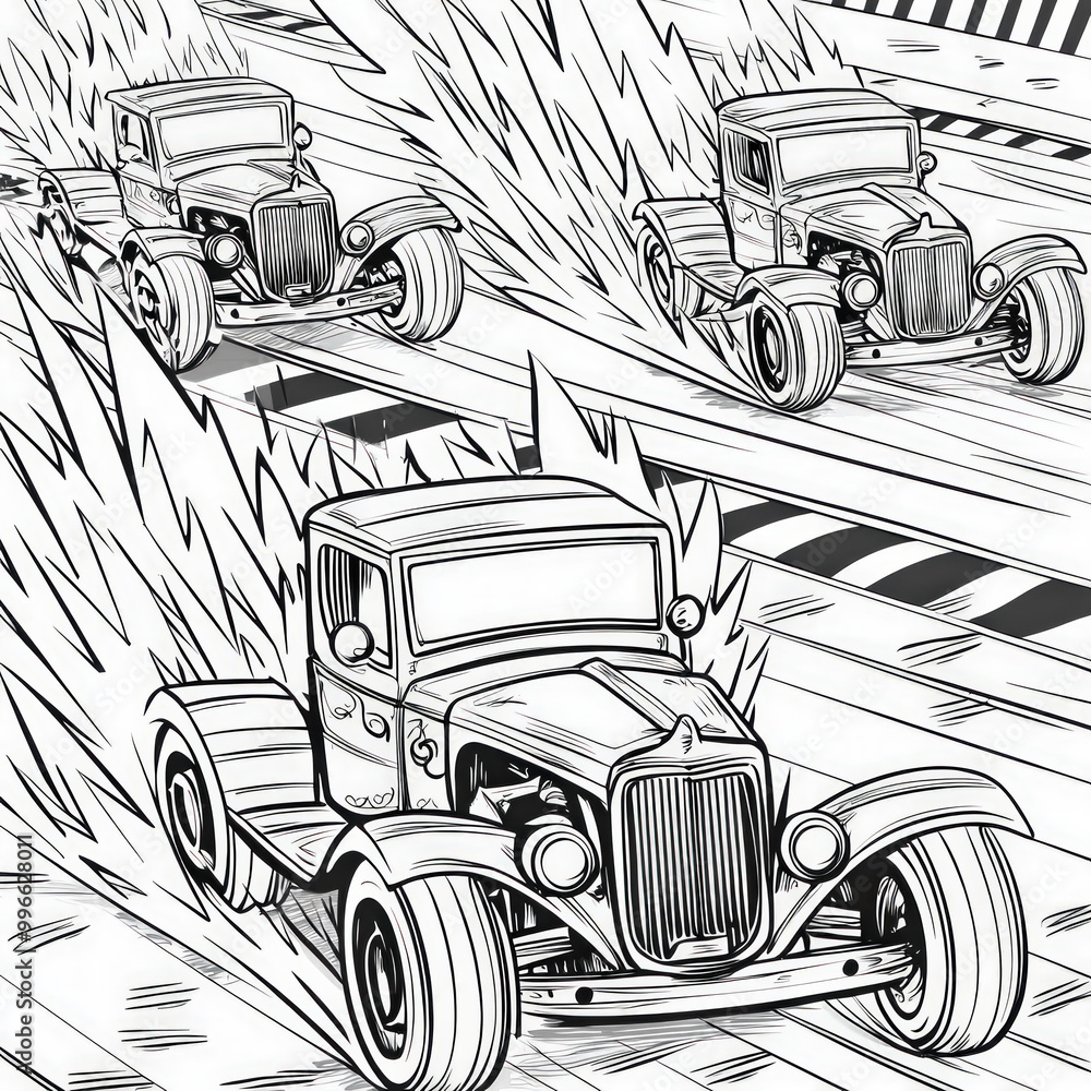 A fun race between different types of vehicles, coloring page for kids ...