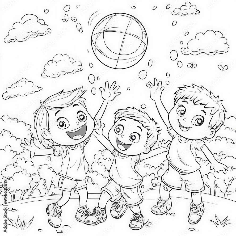 A group of kids playing in a sports competition, coloring page for kids ...