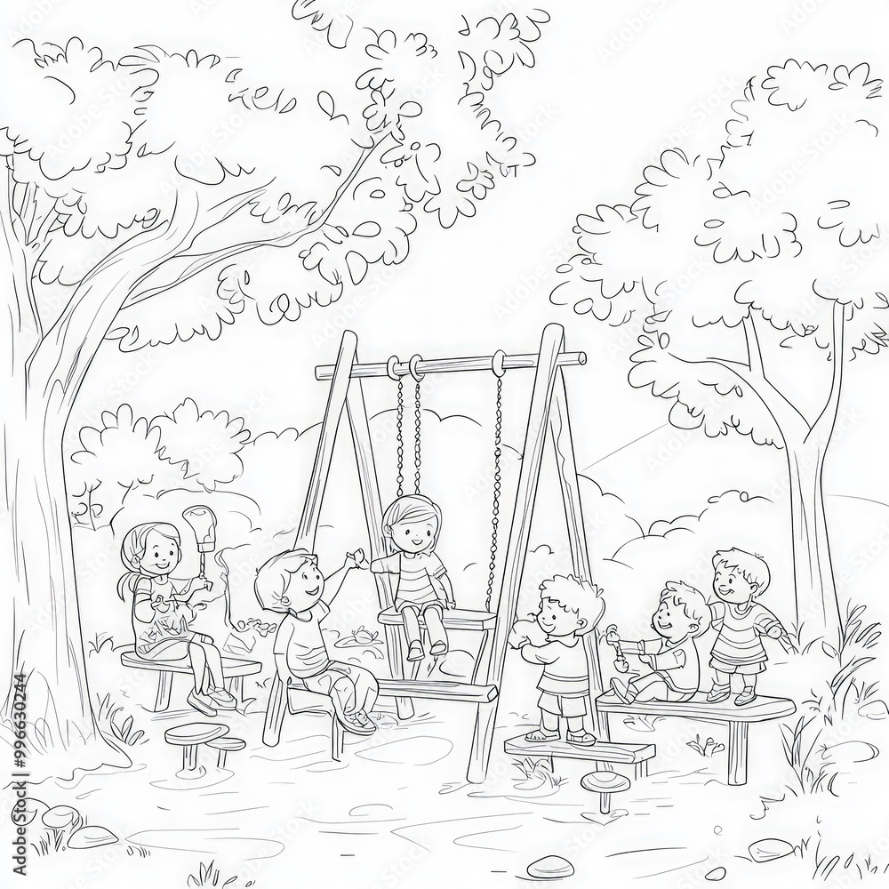 A playground full of children having fun, coloring page for kids ...