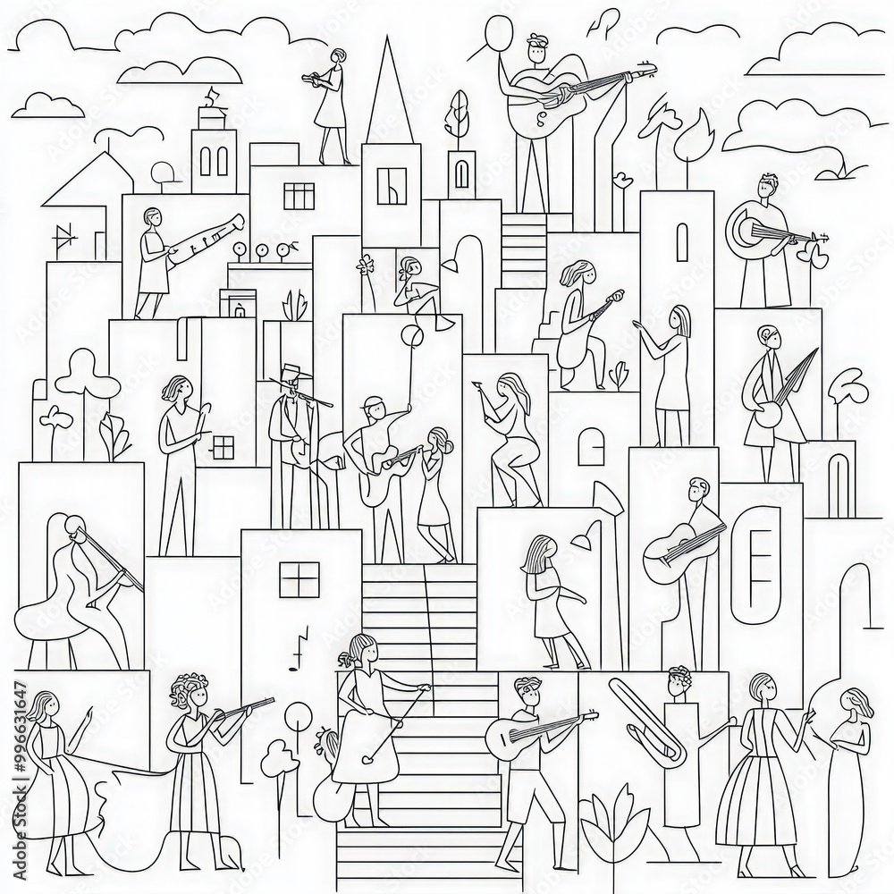 A vibrant street performance with musicians and dancers, coloring page ...