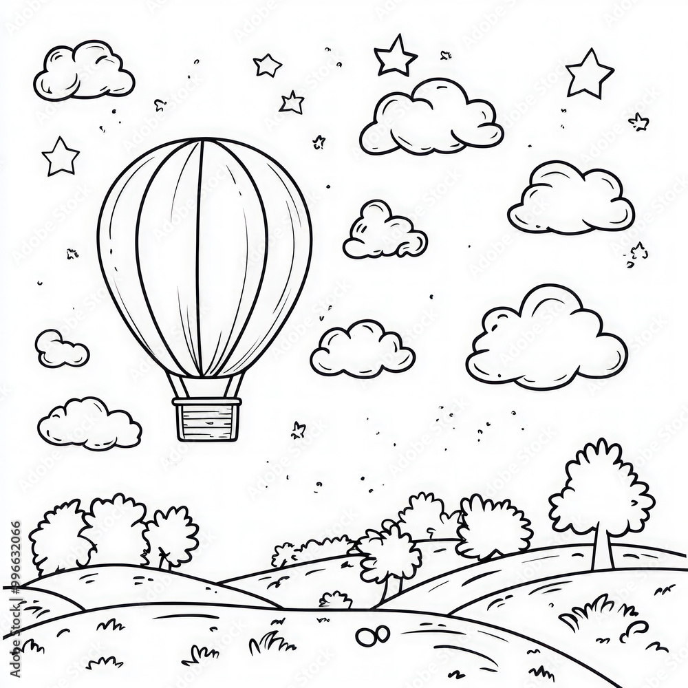 An adventurous journey on a hot air balloon, coloring page for kids ...