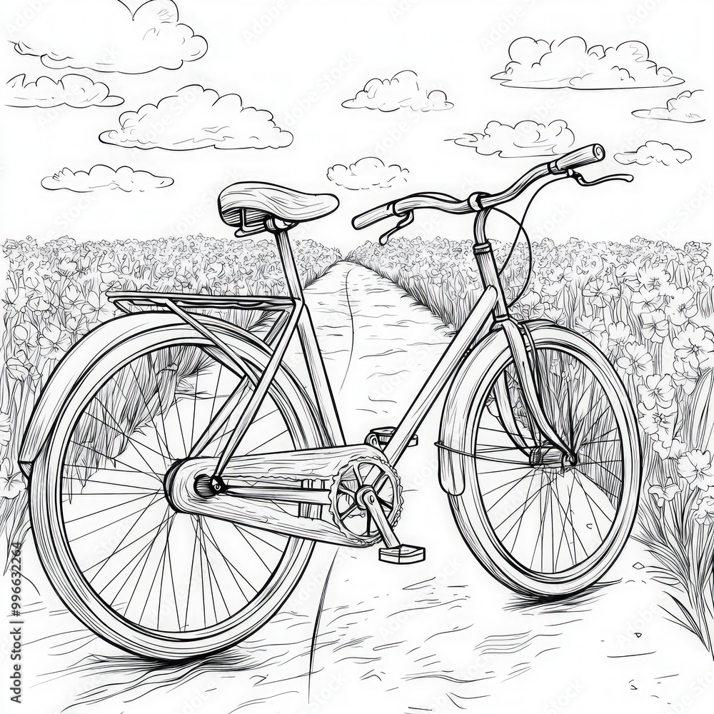 An adventurous biking trail through a flower field, coloring page for ...