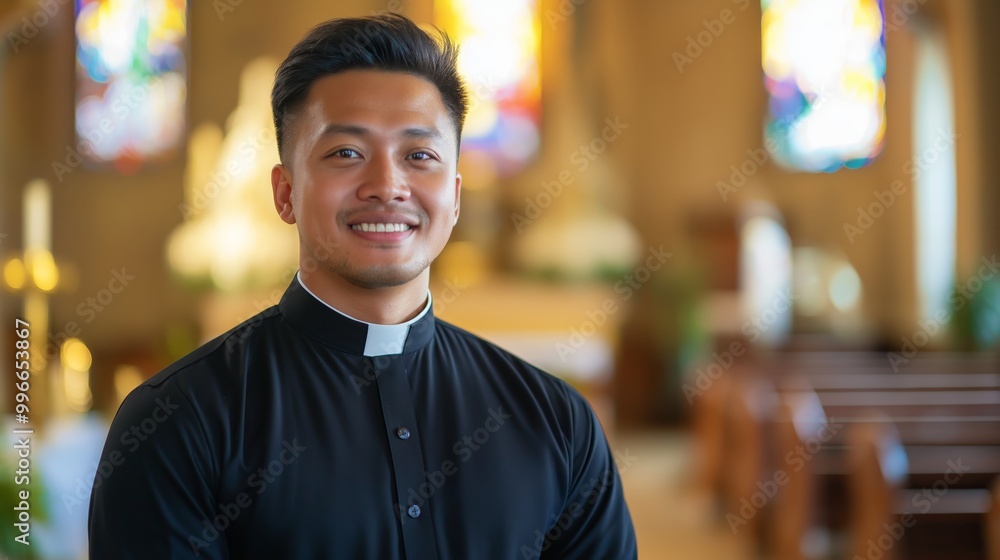 Filipino Male Catholic Priest Smiling in Church Interior, Religious ...