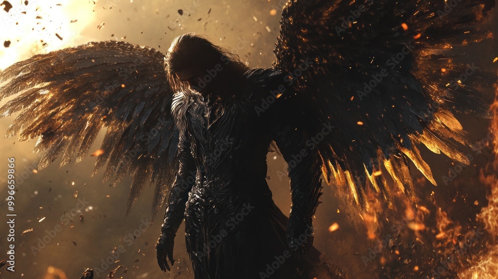 A dark angel with large black wings stands amidst glowing embers. Stock ...