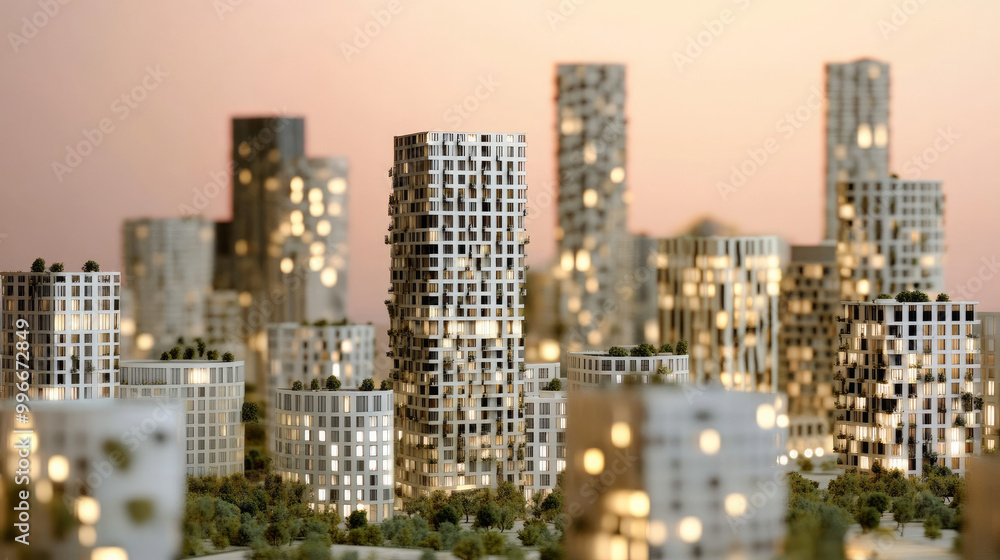 Architectural model of a modern city with high-rise buildings, white ...
