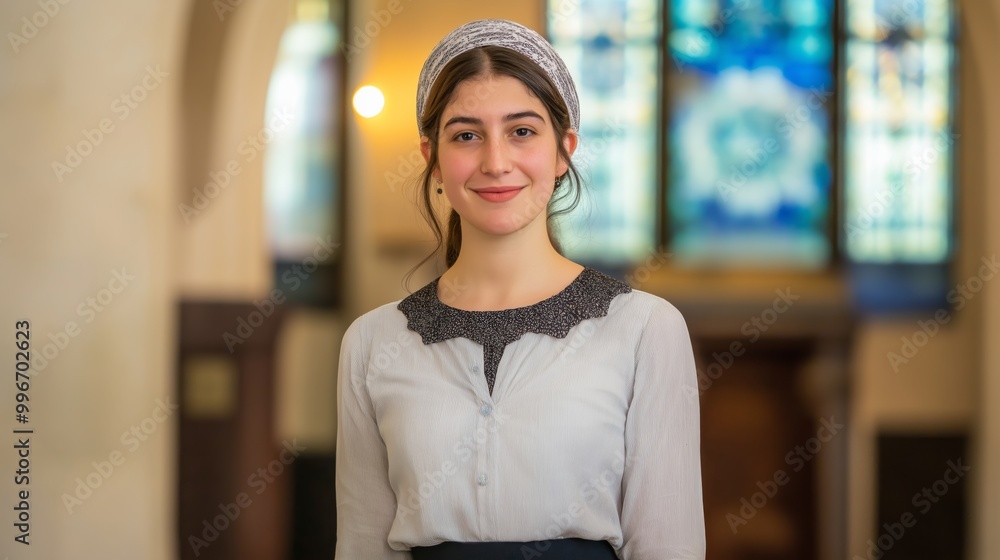 Jewish Female Clergy with Gentle Smile in Historic Synagogue, Cultural ...