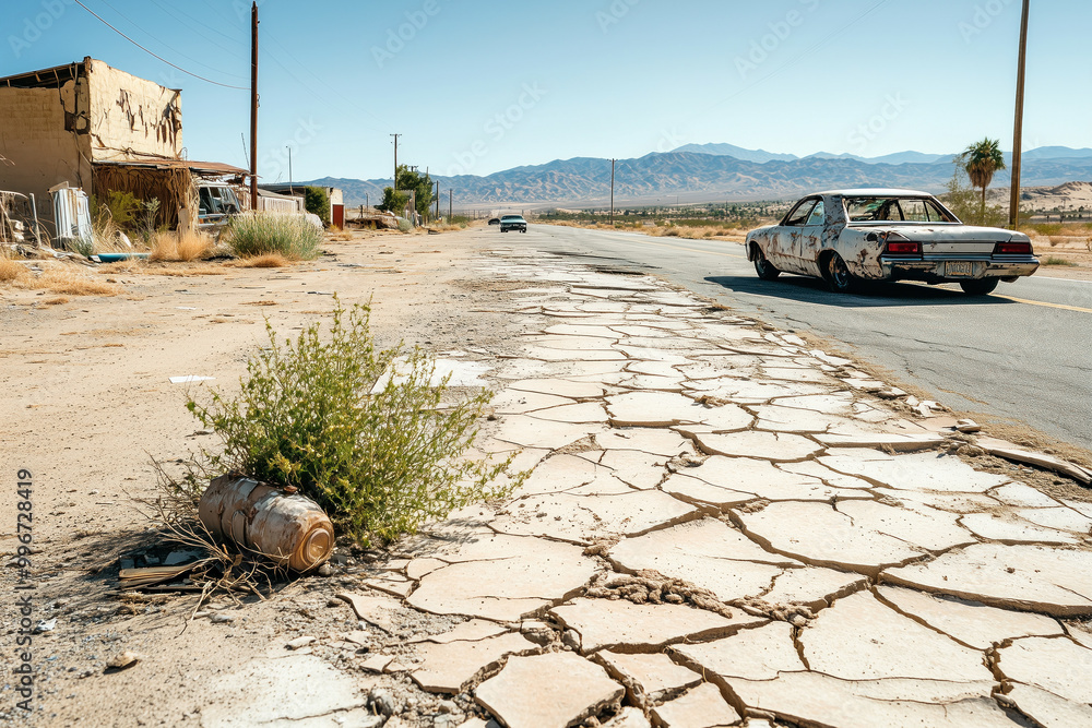 Derelict car on cracked desert road with distant mountains Stock Photo ...