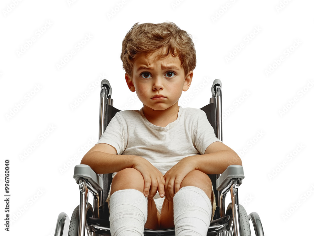 Sad boy sitting in a wheelchair with bandaged legs on white background ...