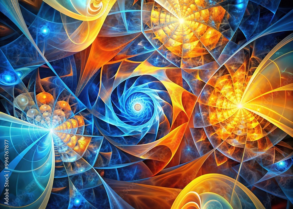Vibrant geometric shapes in orange, blue, and yellow hues swirl ...