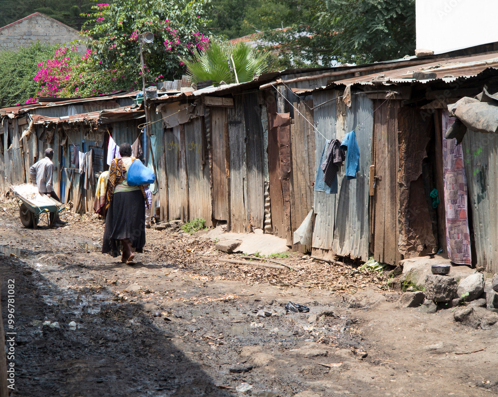 A view inside the massive urban slum of Kibera in Nairobi, Kenya. Stock ...