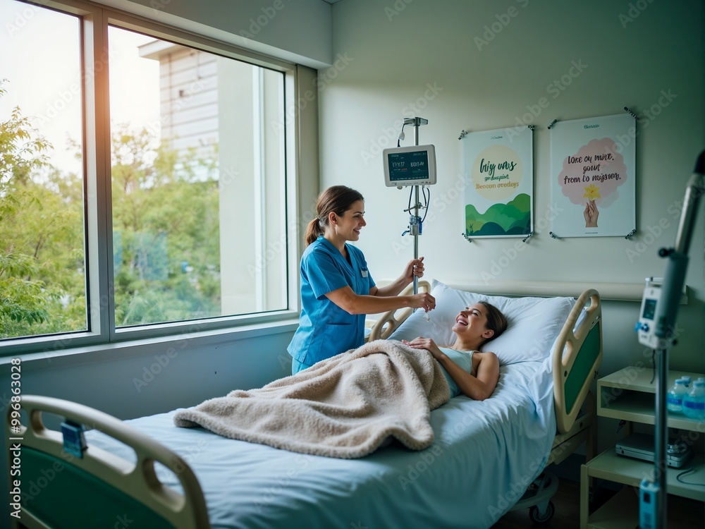 A nurse is attending to a patient in a modern hospital room, providing ...