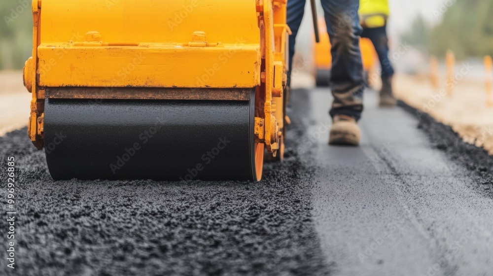 Road construction workers using a steamroller to smooth freshly laid ...