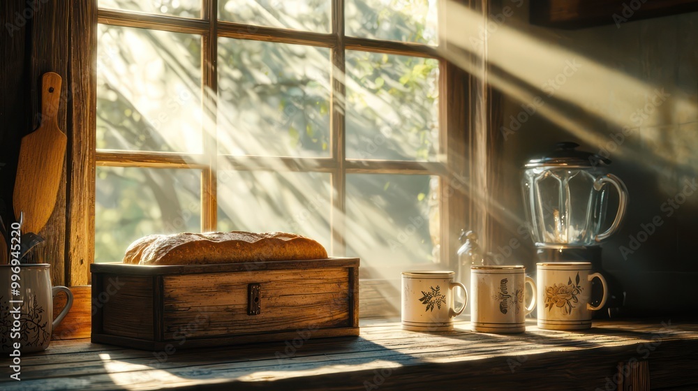 An early morning scene in a farmhouse kitchen, with sunlight pouring ...
