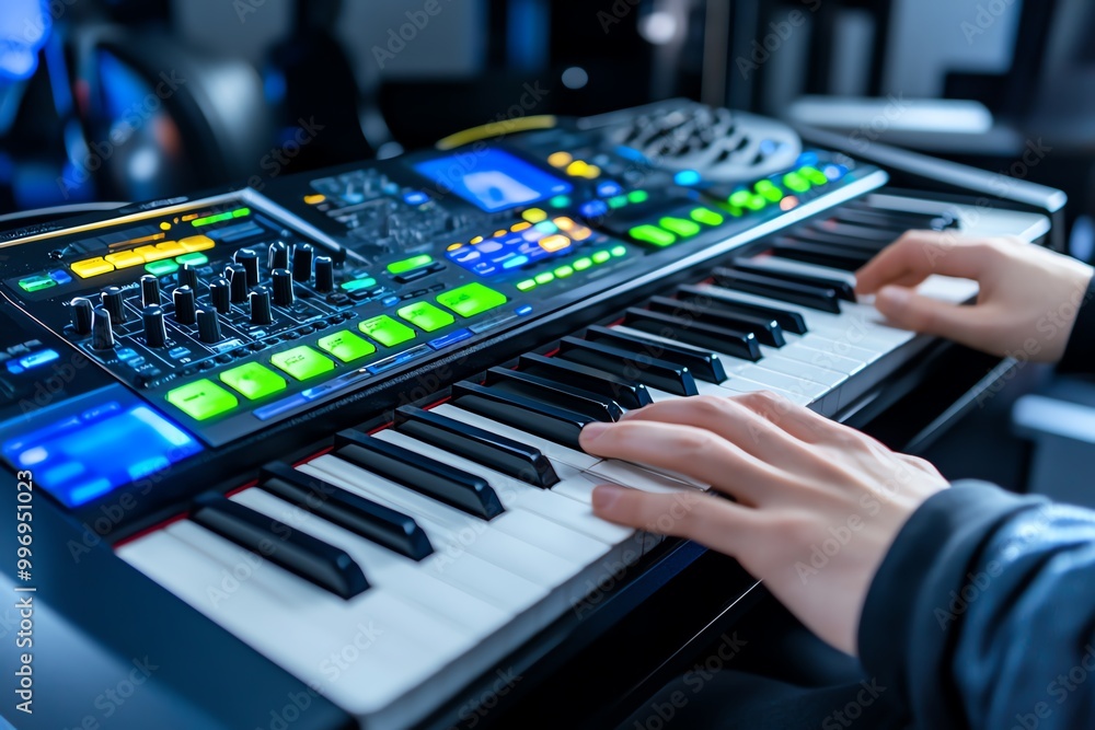 A person playing an electric keyboard in a music studio, with a focus ...