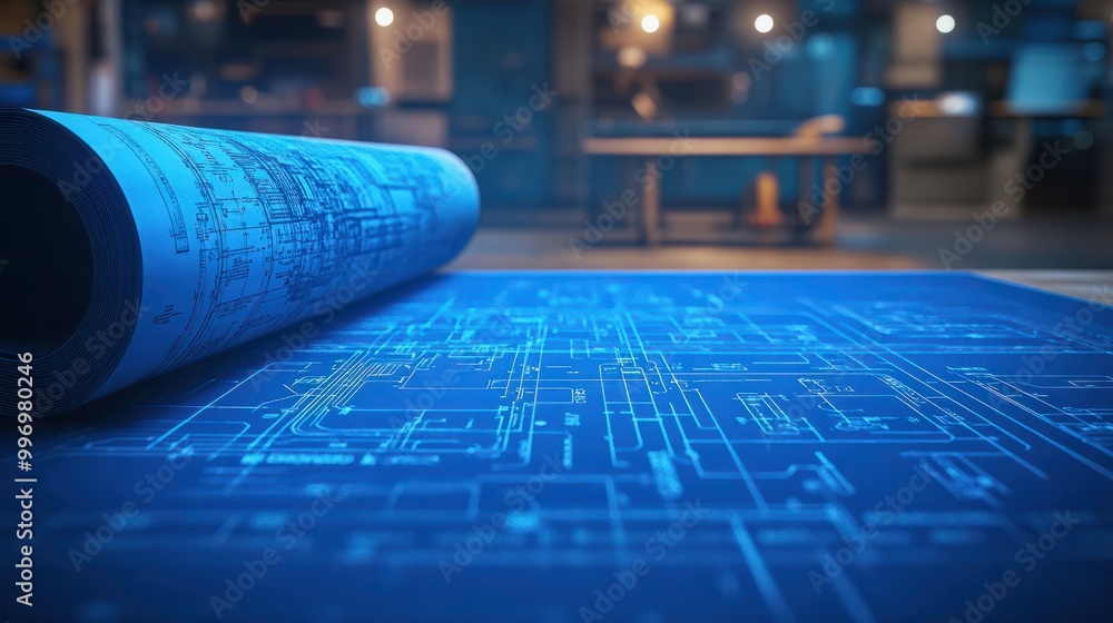 Foto Closeup of a rolled up blueprint on a table with a blue electrical ...