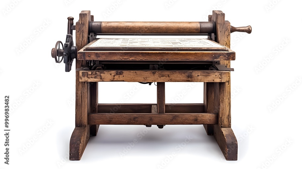 Antique wooden printing press displayed against a white background ...