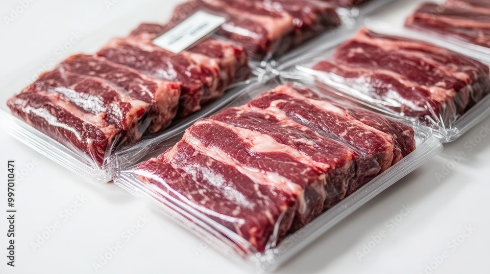 Brisket in airtight packaging with a label, arranged on a clean white ...