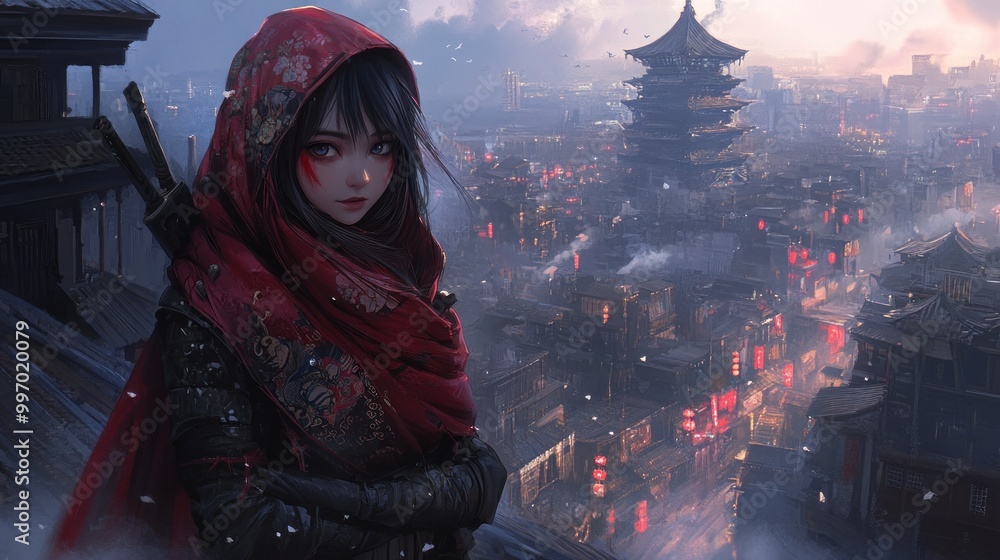 A samurai ninja sword assassin style anime girl standing above the ...