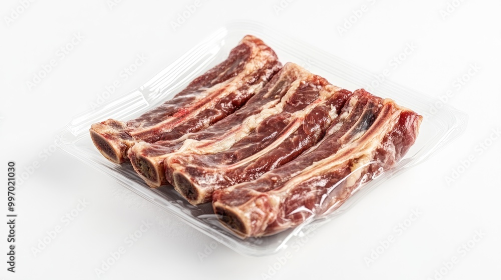 Short ribs in transparent packaging with a visible label, placed on a ...