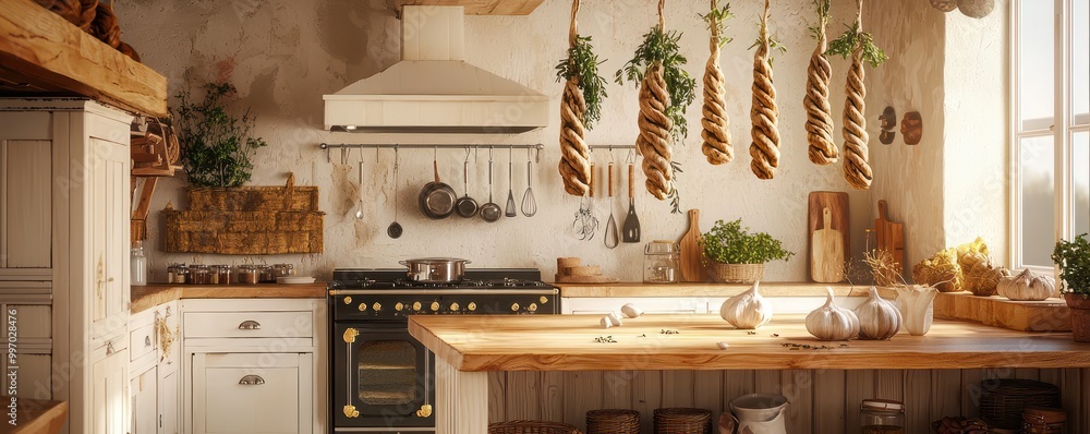 A detailed view of a farmhouse kitchen with a classic AGA cooker, a ...