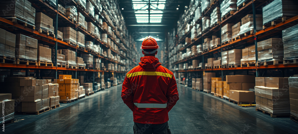 Warehouse workers in safety uniforms organize goods among high shelves ...