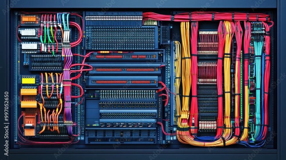 Foto de Stock Network rack wiring diagram in blueprint style, color ...