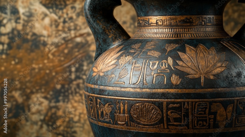 An ancient Egyptian-style vase with hieroglyphic patterns, brimming ...