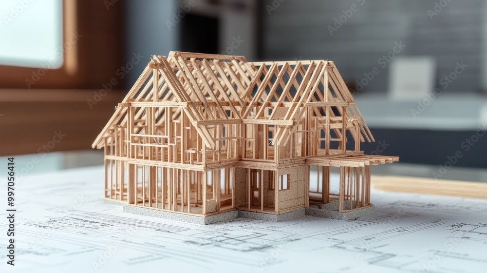 Wooden frame house model under construction on blueprints. building ...