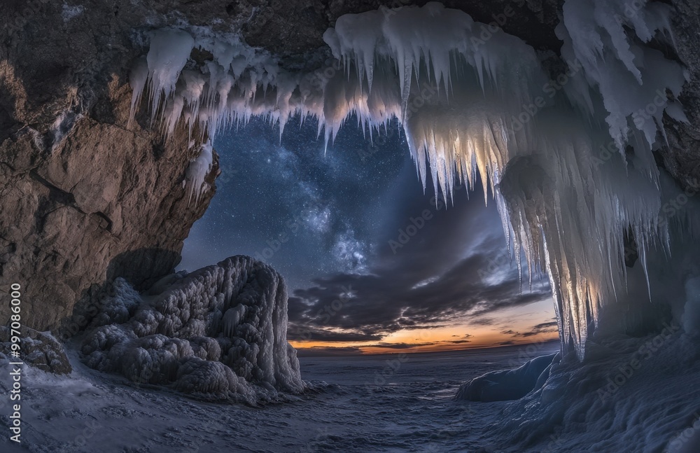 An icy cave with the Milky Way in the night sky during winter, ice ...