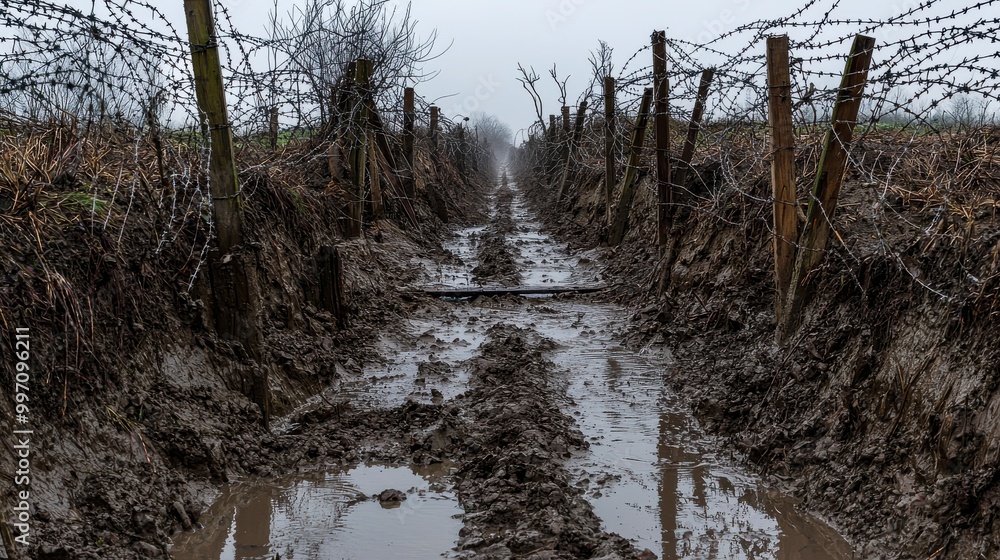 A stark view of soldiers in muddy World War I trenches, surrounded by ...