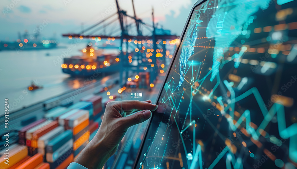 Businessman holding virtual interface panel of global logistics network ...