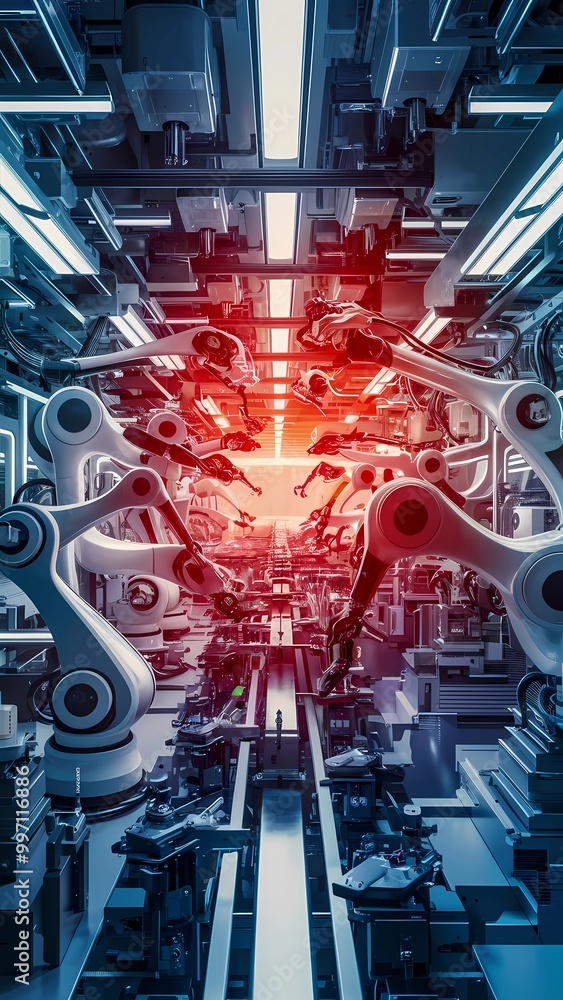 AI-powered robotic arms futuristic assembly line precision automation ...