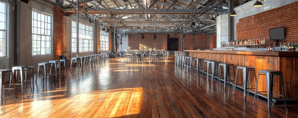 An expansive industrial event space with wooden floors, high metal ...