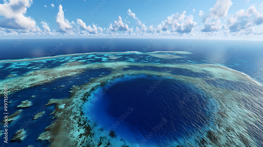 Aerial view of the great blue hole and its surrounding coral atoll ...