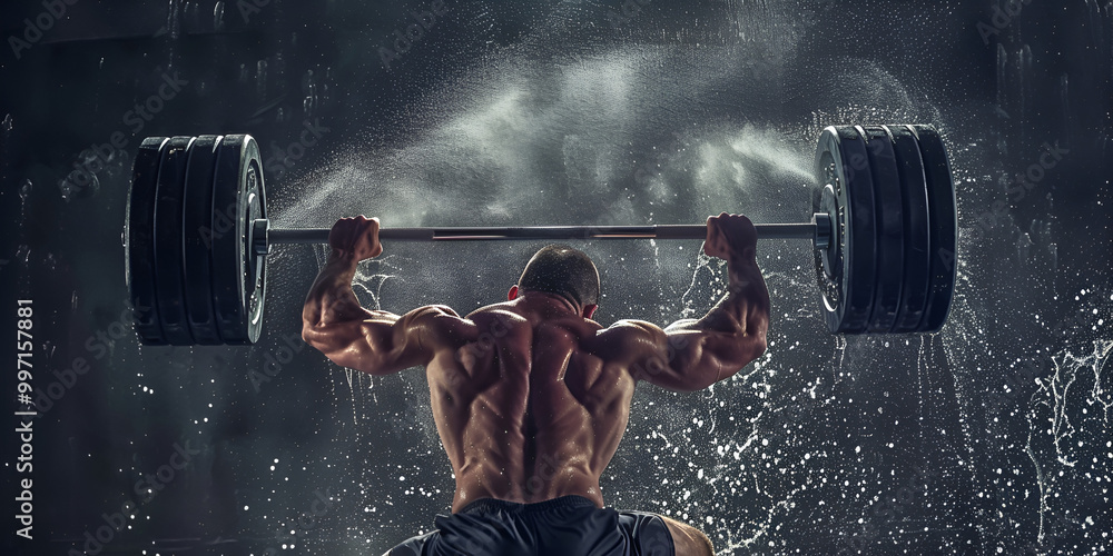 Muscular weightlifter lifting heavy barbell in intense gym setting ...