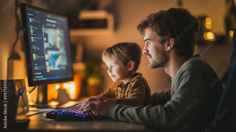 Dad teaching his young child how to play video games on a computer ...