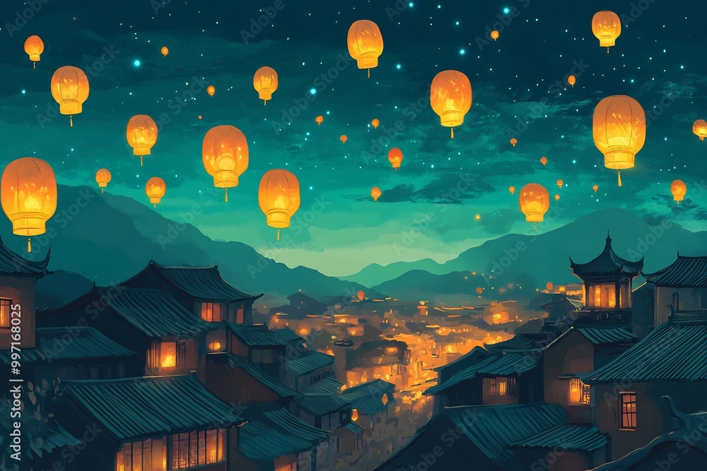 China National Day celebration where sky filled with floating lanterns ...