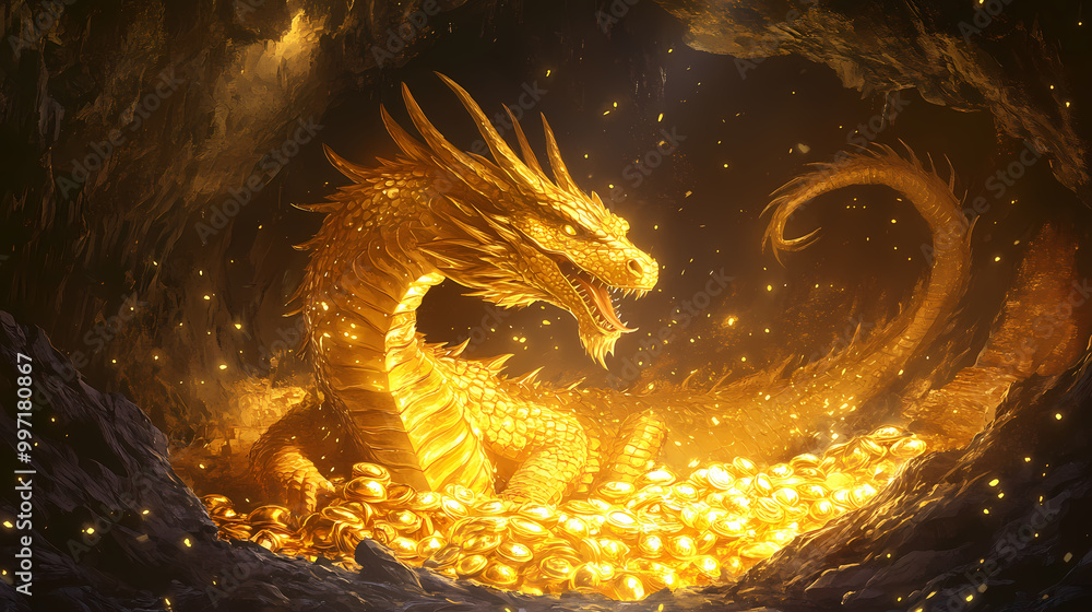 Golden dragon hoarding treasures, glowing cave light, side angle ...
