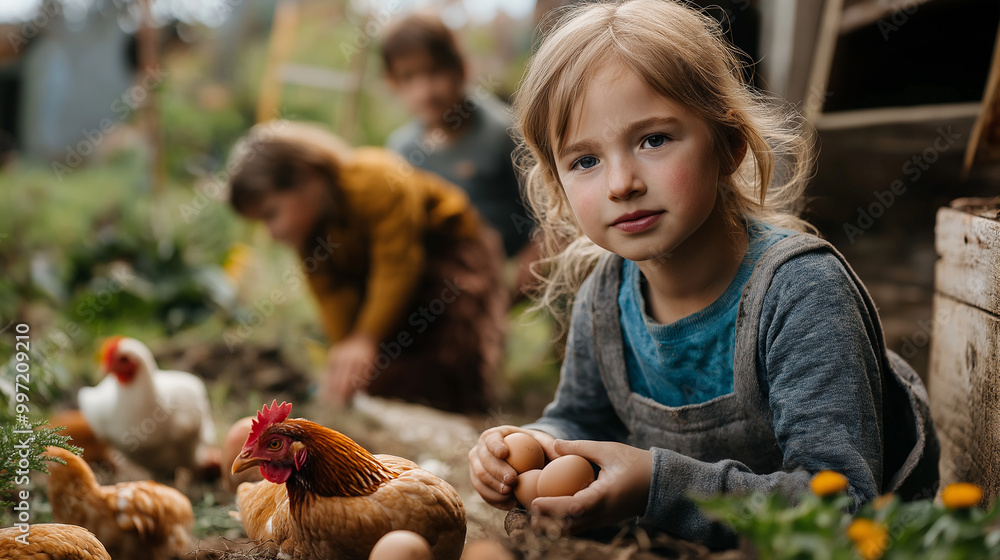 Little girl helping to care for animals in a farm setting, sitting ...