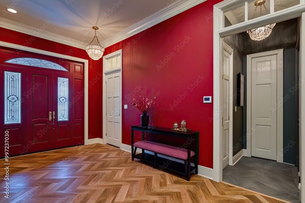 Striking Ruby Accent Wall in Welcoming Entryway with Herringbone ...