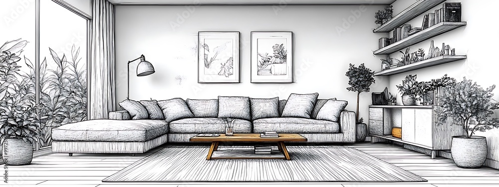 Line interior home art room design illustration outline sketch ...