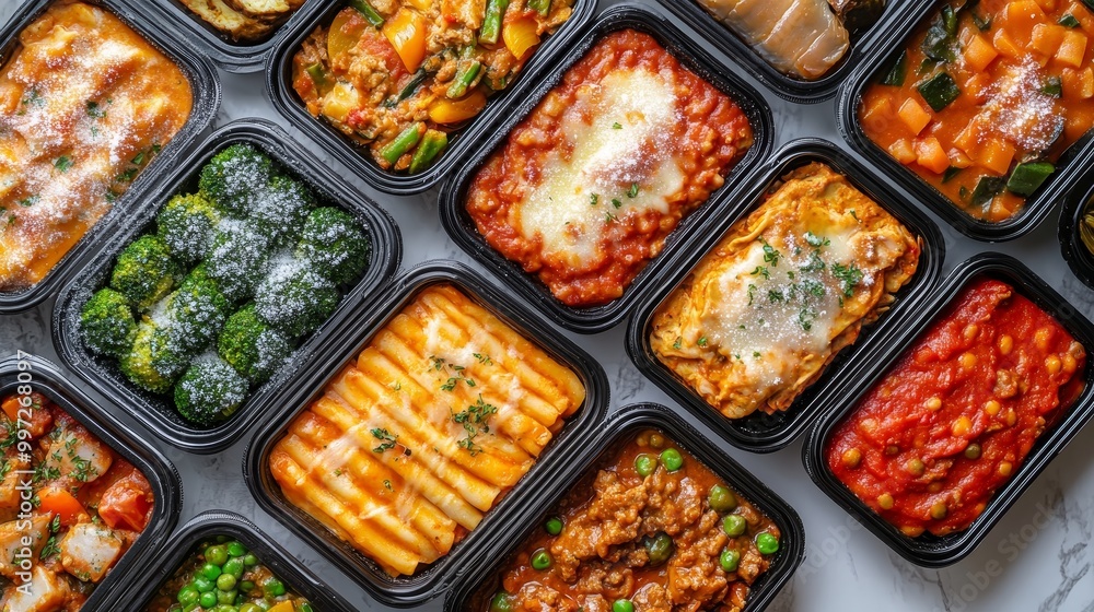 Frozen ready meals with a variety of frost-covered dishes like lasagna ...