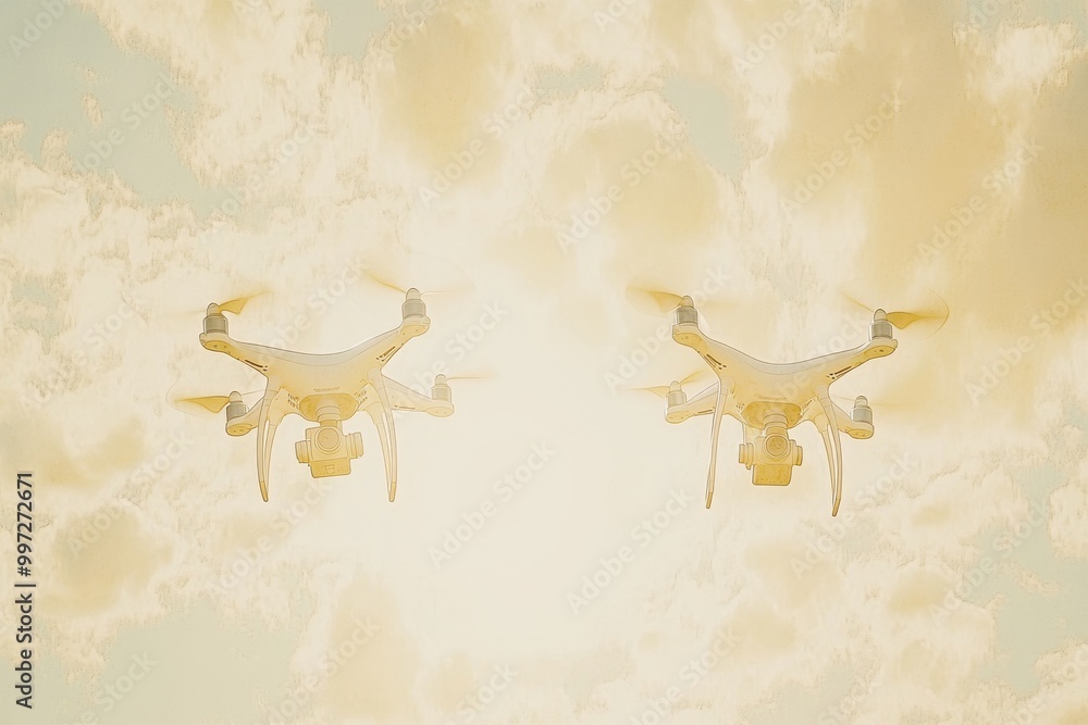Stylized golden drone flying over a vintage parchment background ...