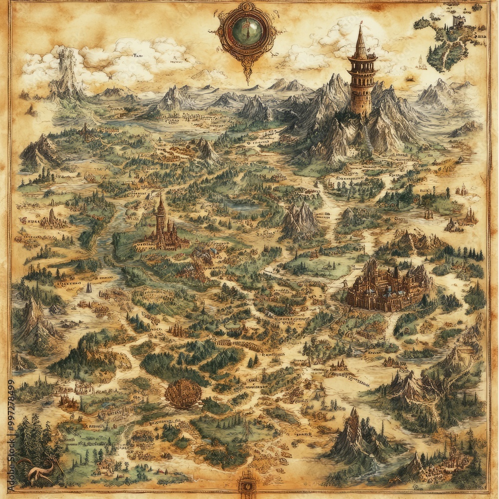 Hand-drawn map of a fantasy world with mountains, forests, rivers, and ...