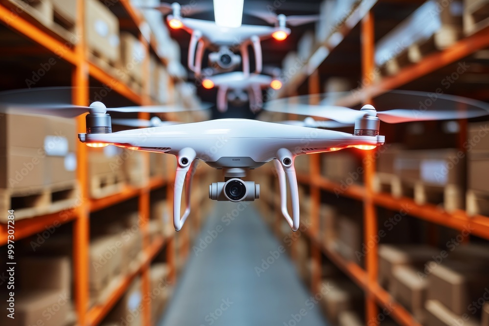 White drone flying inside a well lit warehouse focusing on aerial logistics automation for ...