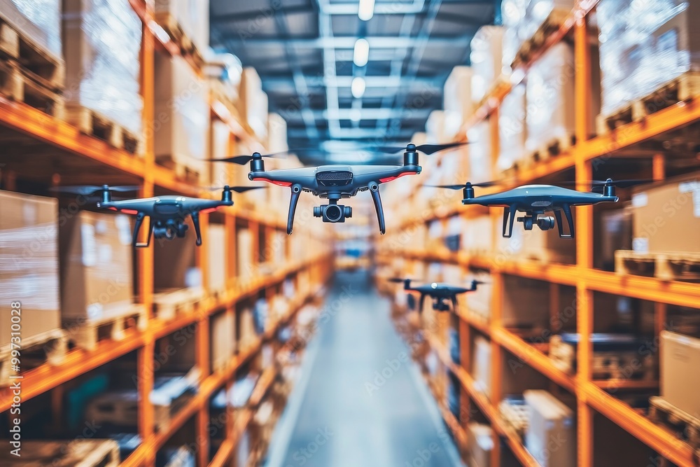 Multiple drones flying through a warehouse exemplifying synchronized drone operations and ...