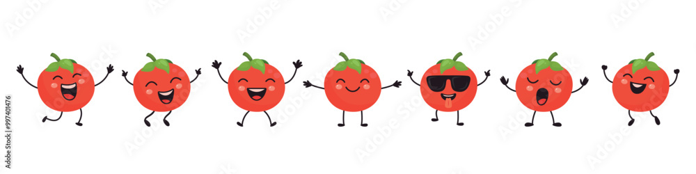 Flat Vector Cartoon Cute and Funny Tomato Character. Dancing, Smiling ...